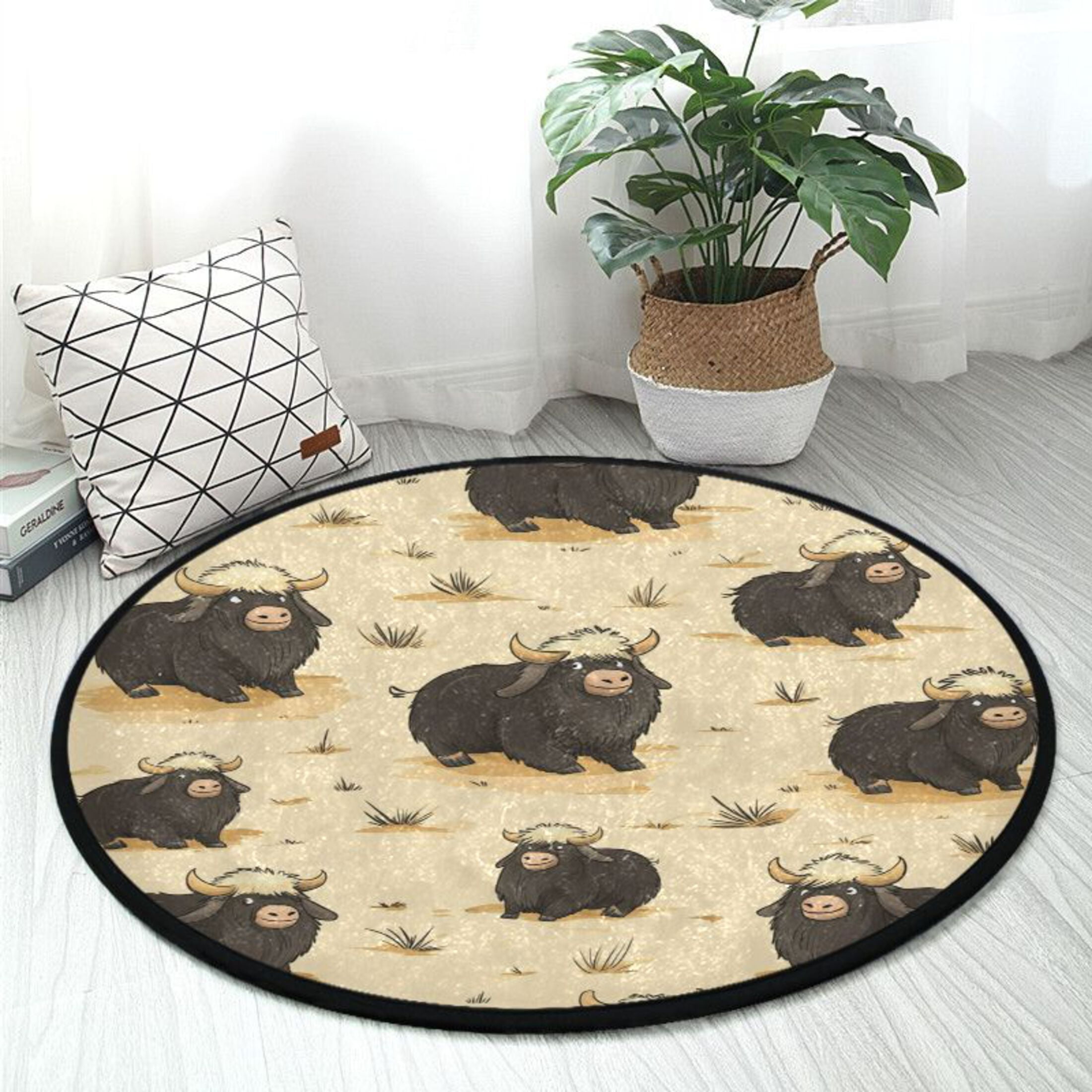 Cartoon Musk Oxen Round Plush Floor Mat，36.2×36.2in Arctic Pile Single ...
