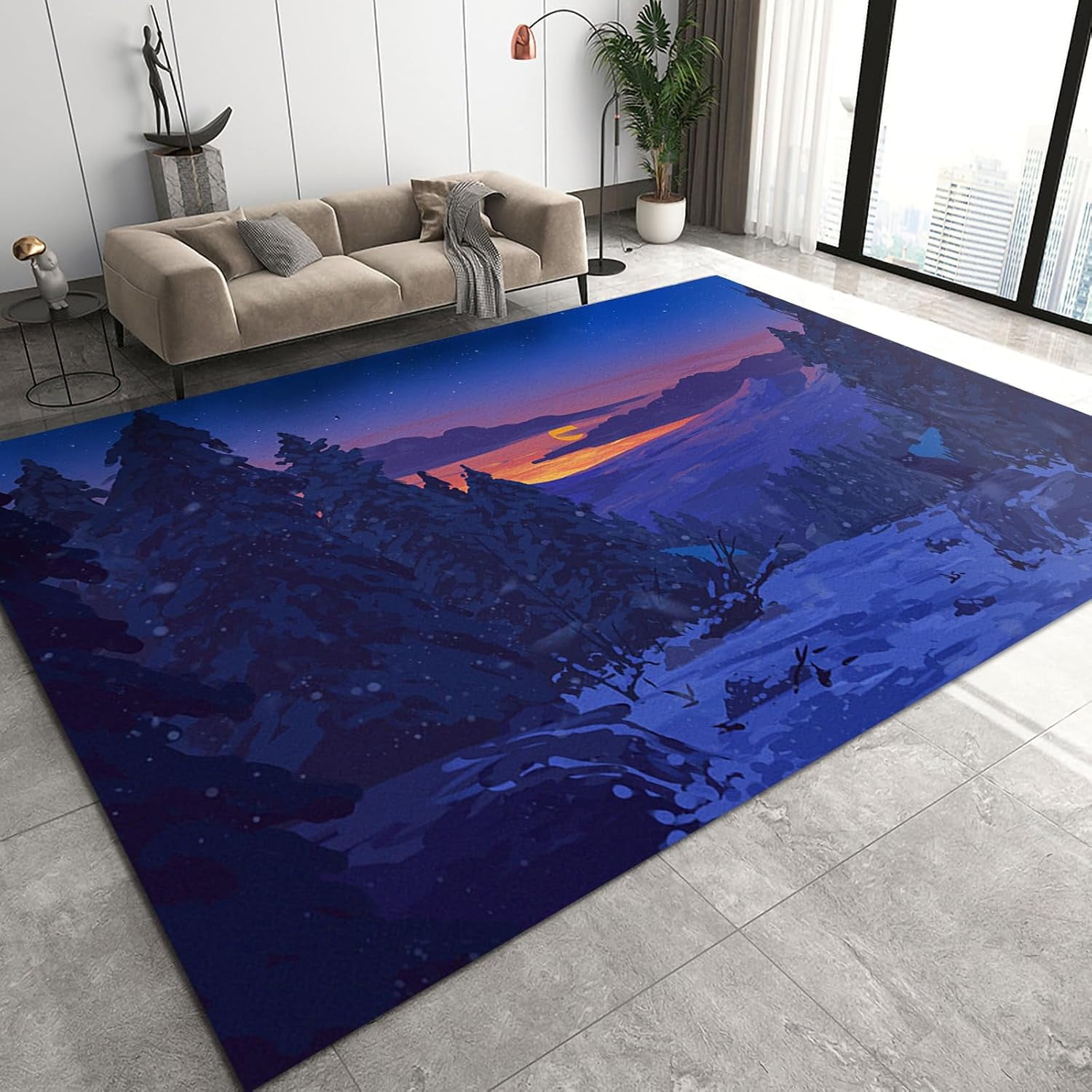 Cartoon Nature Scenery Area Rugs, 3D Sunset Snow Mountain Forest ...