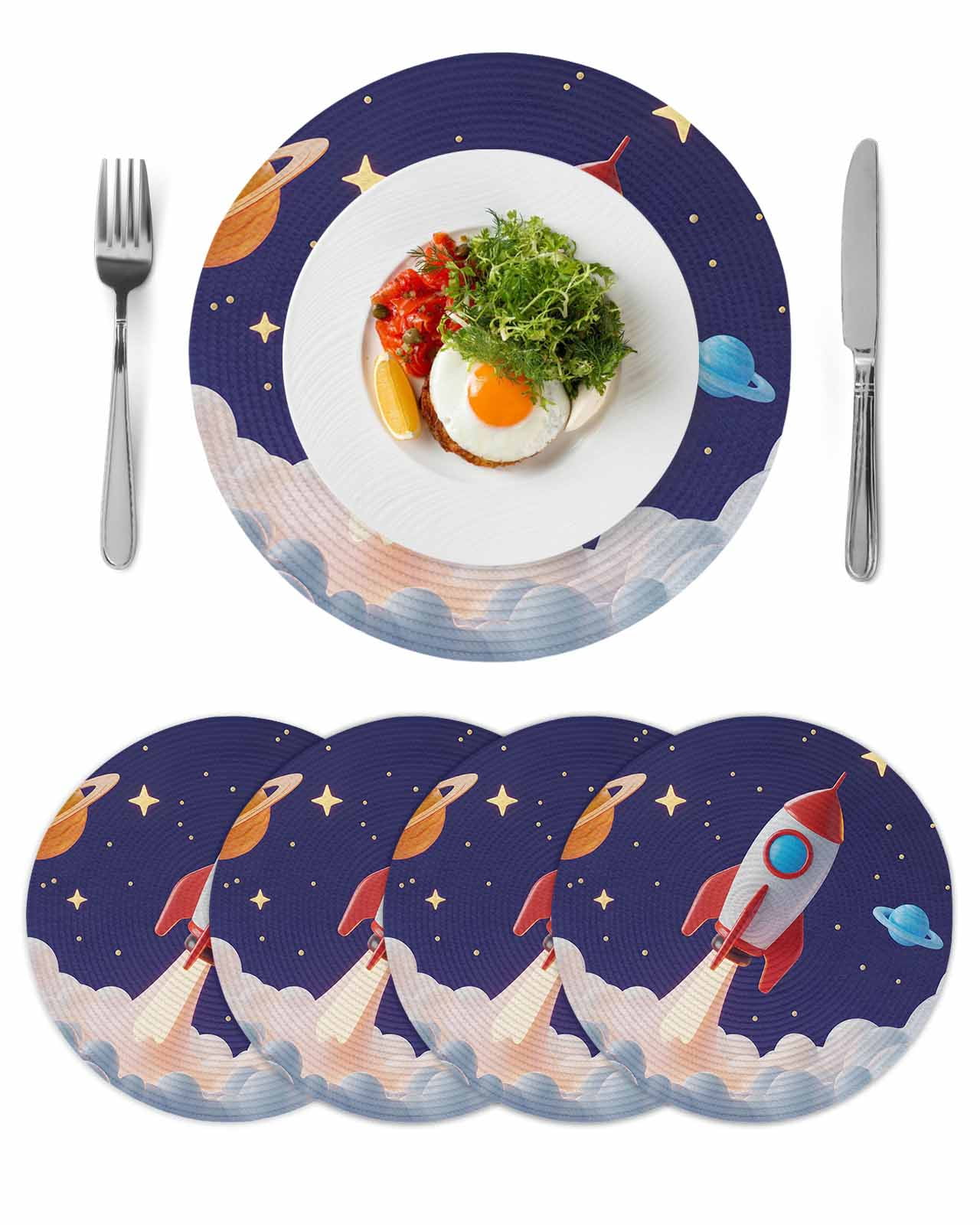 Cartoon Navy Blue Space Round Table Placemats set of 4, Red 3D Rocket ...
