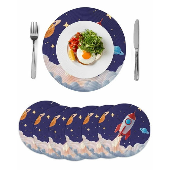 Cartoon Navy Blue Space Round Table Placemats set of 6, Red 3D Rocket ...