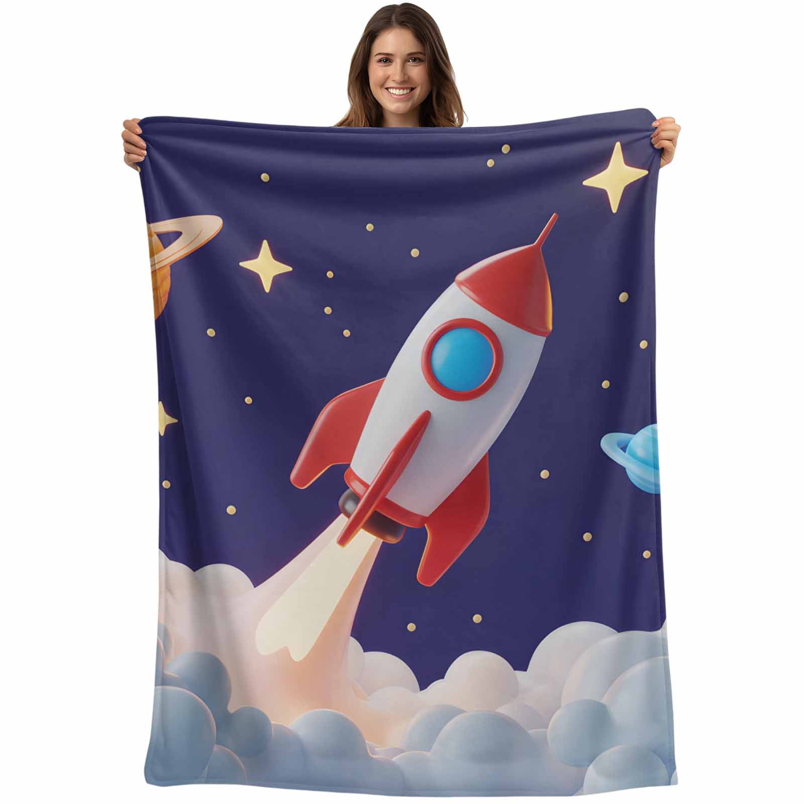 Cartoon Navy Blue Space Throw Blankets, Red 3D Rocket Soft Fleece ...