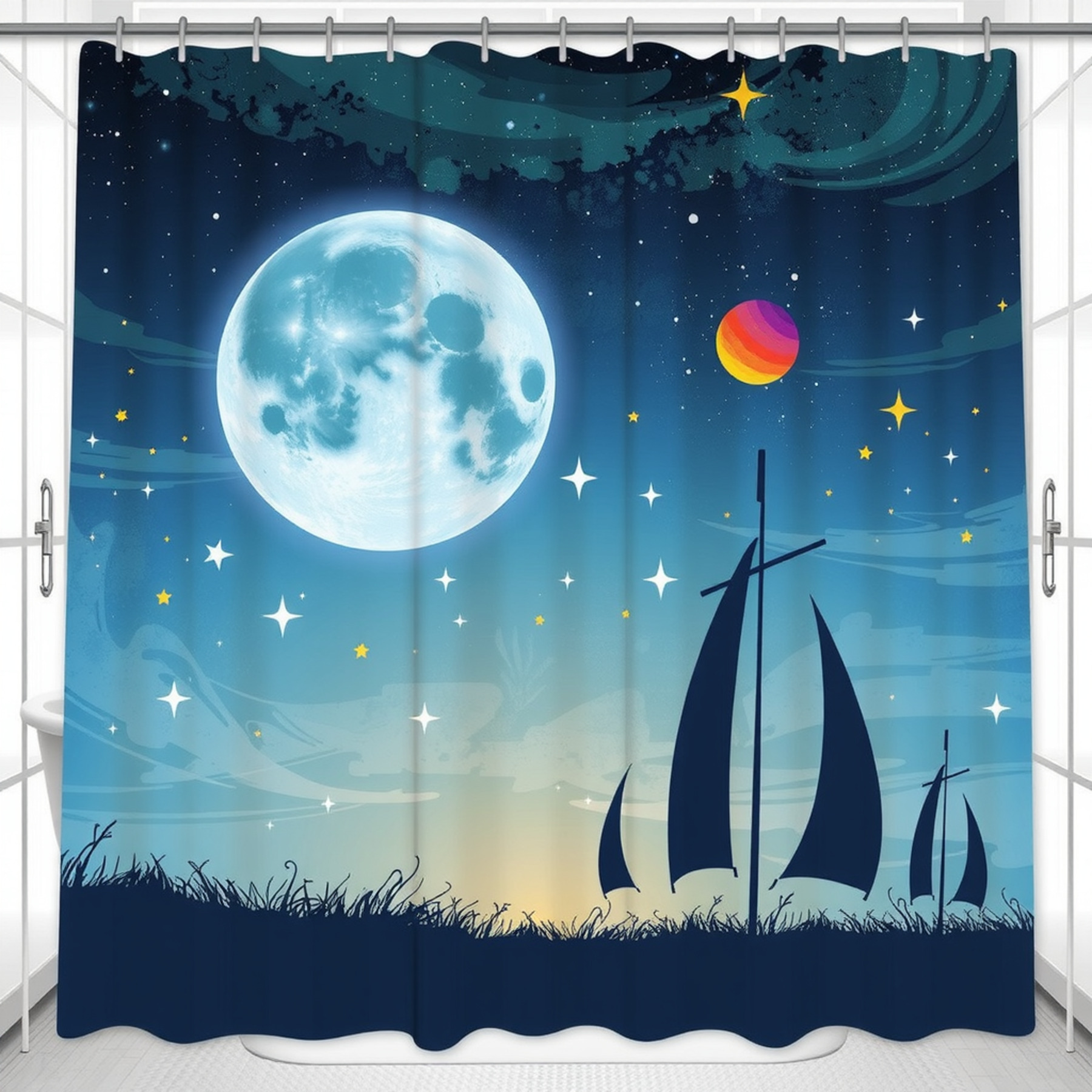 Cartoon Night Sky Shower Curtain with Full Moon, Stars & Sailboat ...