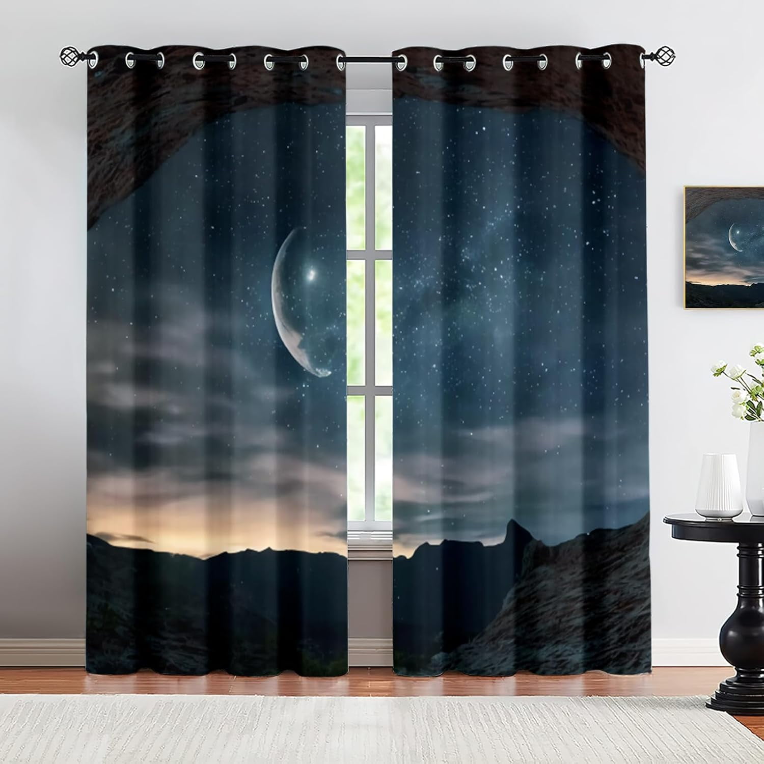 Cartoon Night Starry Sky Curtain , Moon Dark Clouds Nature Scenery ...