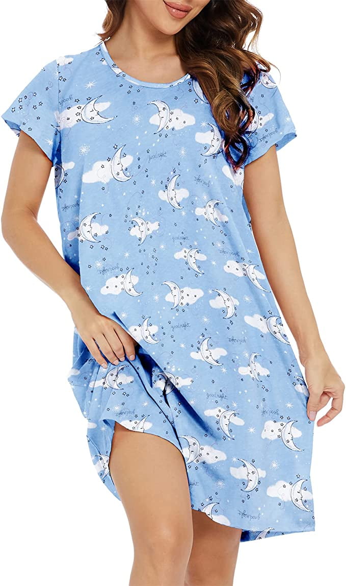 Blue Moon Cartoon Nightgowns for Women, Short Sleeve, Cotton Pajamas ...