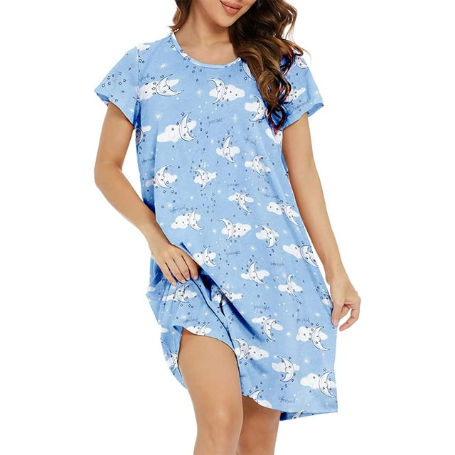 Blue Moon Cartoon Nightgowns for Women, Short Sleeve, Cotton Pajamas ...