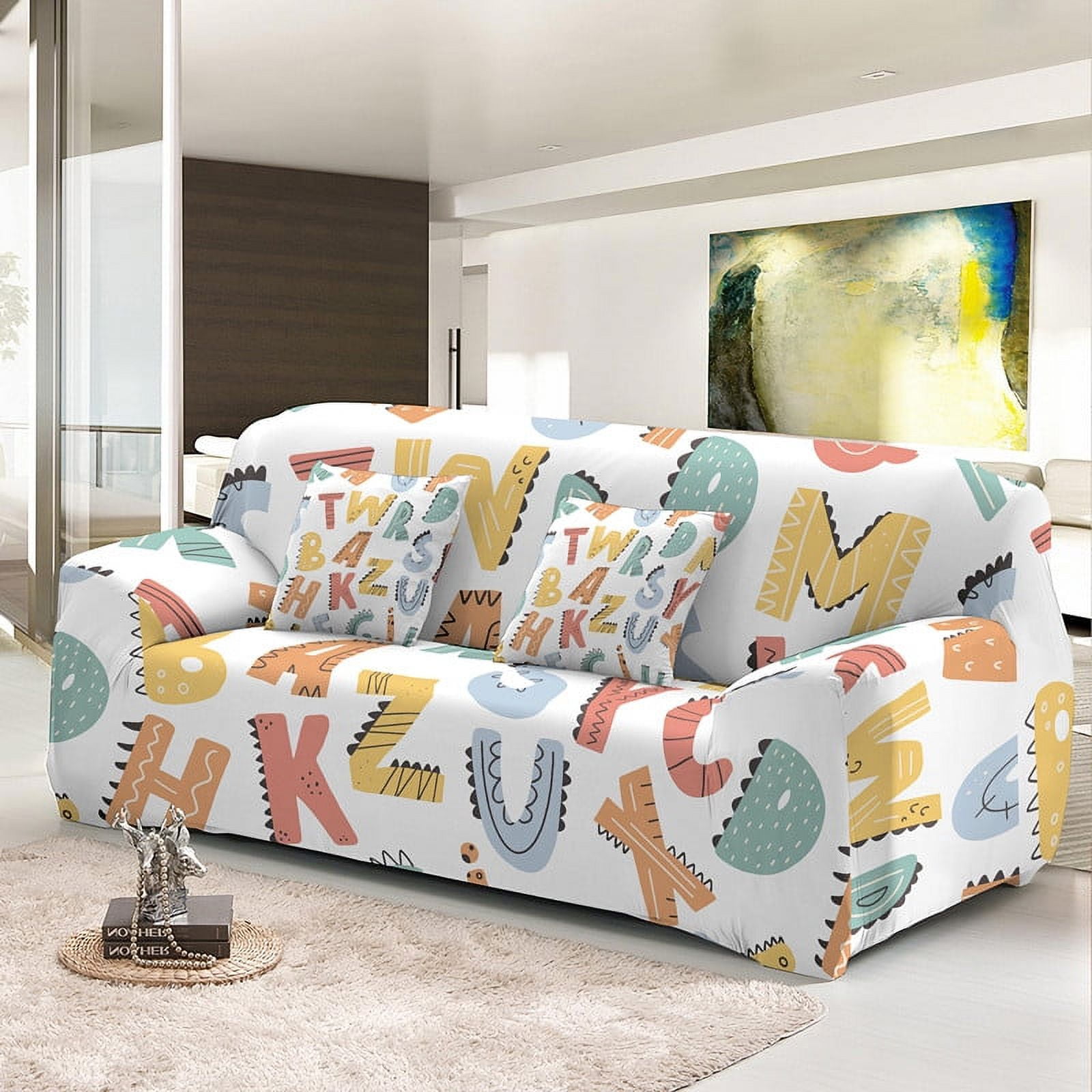 Cartoon Number Alphabet Sofa Cover Stretch Corner Slipcover 1/2/3/4 ...