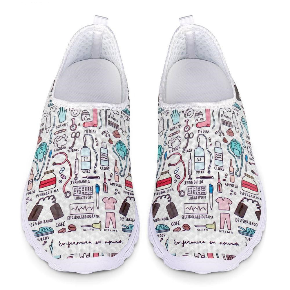 Cartoon Nurse Doctor Print Loafers Women Sneakers Slip On Flats Mesh ...