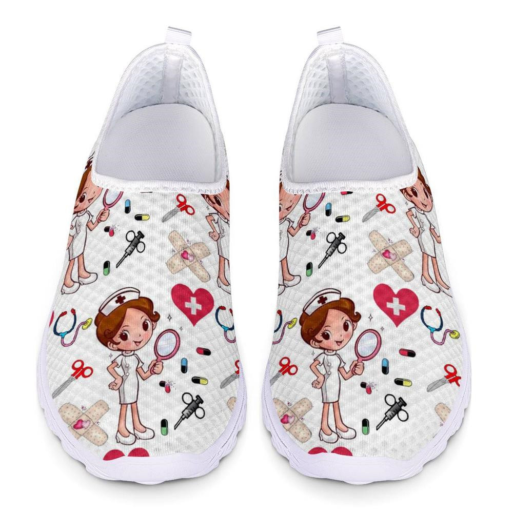Cartoon Nurse Doctor Print Loafers Women Sneakers Slip On Flats Mesh ...