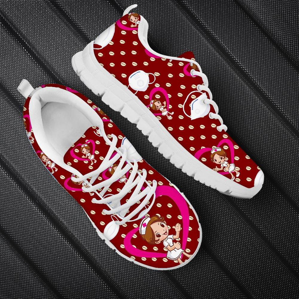 Cartoon Nurse Heart Love Print Woman Flats Mesh Sneaker Summer Luxury ...