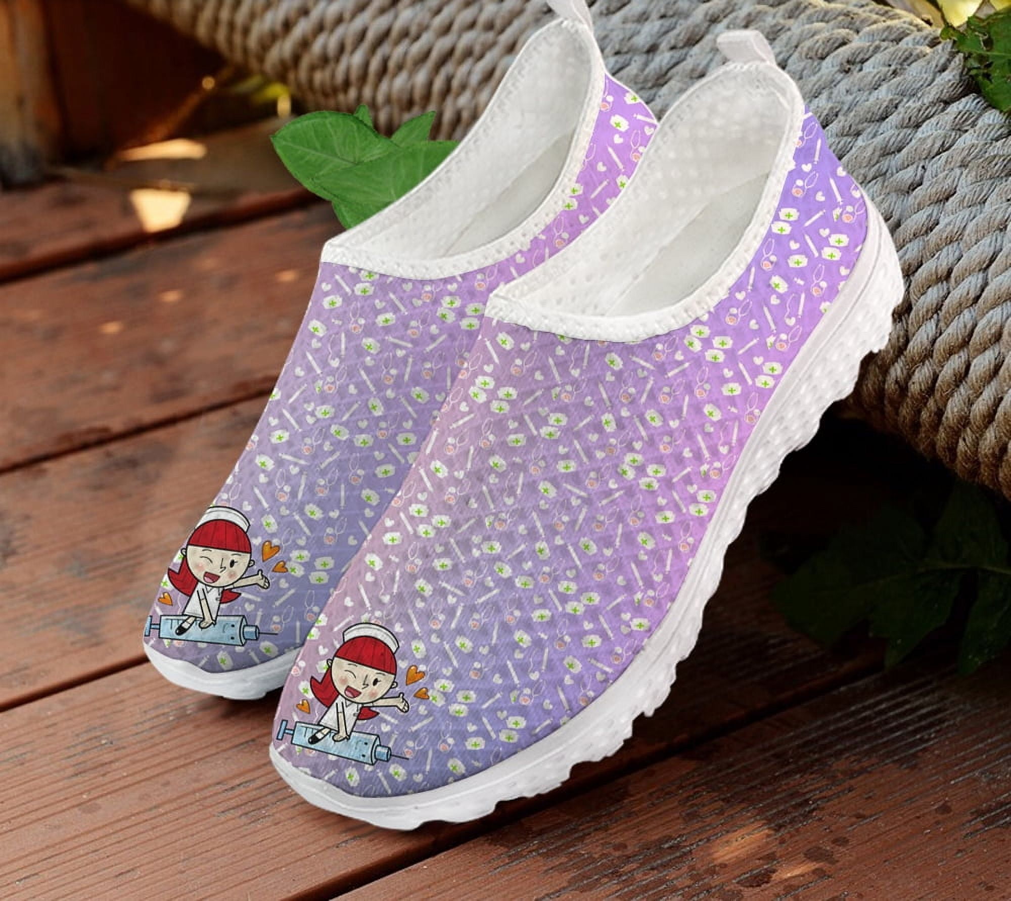 Cartoon Nurse Print Summer Loafers Woman Slip on Flats Large Size Shoes for Women Mesh Sneaker ...