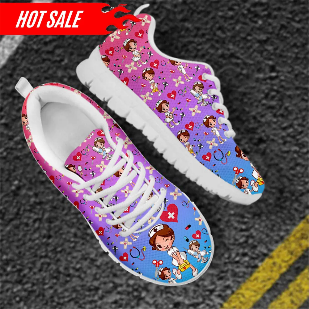 Cartoon Nurse Sneakers Brand Gradient Design Nursing Shoes Flats for Womens Lace Up Mesh ...
