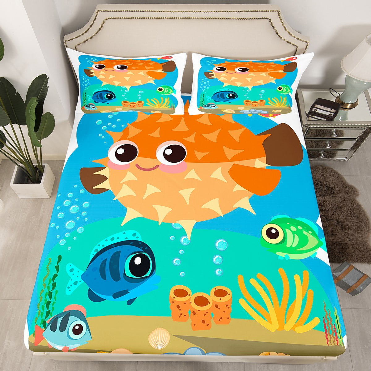 Cartoon Ocean Animals Fitted Sheet Twin Size,Cute Balloonfish ...