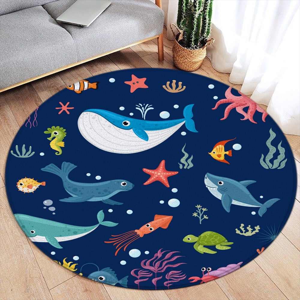 Cartoon Ocean Animals Round Carpet Cute Dinosaur Octopus Star Fish ...
