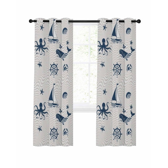 Cartoon Ocean Blackout Curtains 84 Inch Length Nautical Ship Octopus ...
