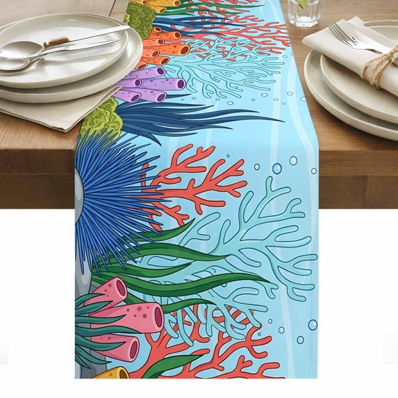 Cartoon Ocean Cotton Linen Table Runner Coral Seaweed Bubbles Stone ...