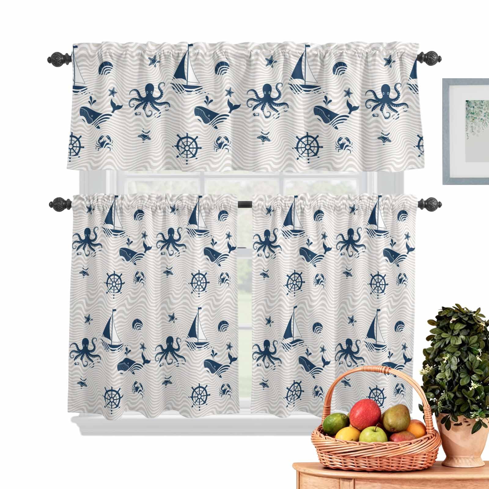 Cartoon Ocean Kitchen Curtains Valances 3 Piece Set, Nautical Ship ...