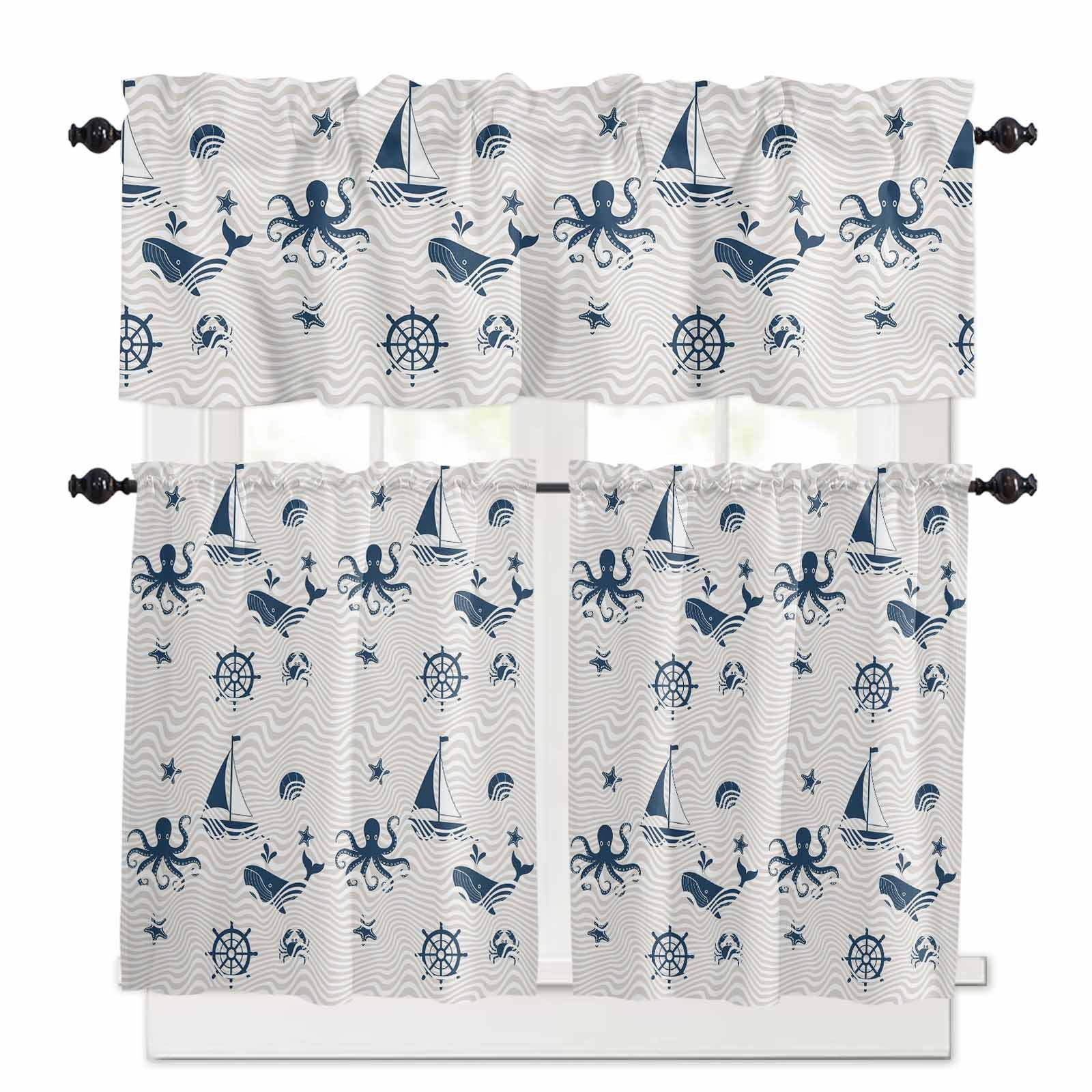 Cartoon Ocean Kitchen Curtains Valances and Tiers Nautical Ship Octopus ...