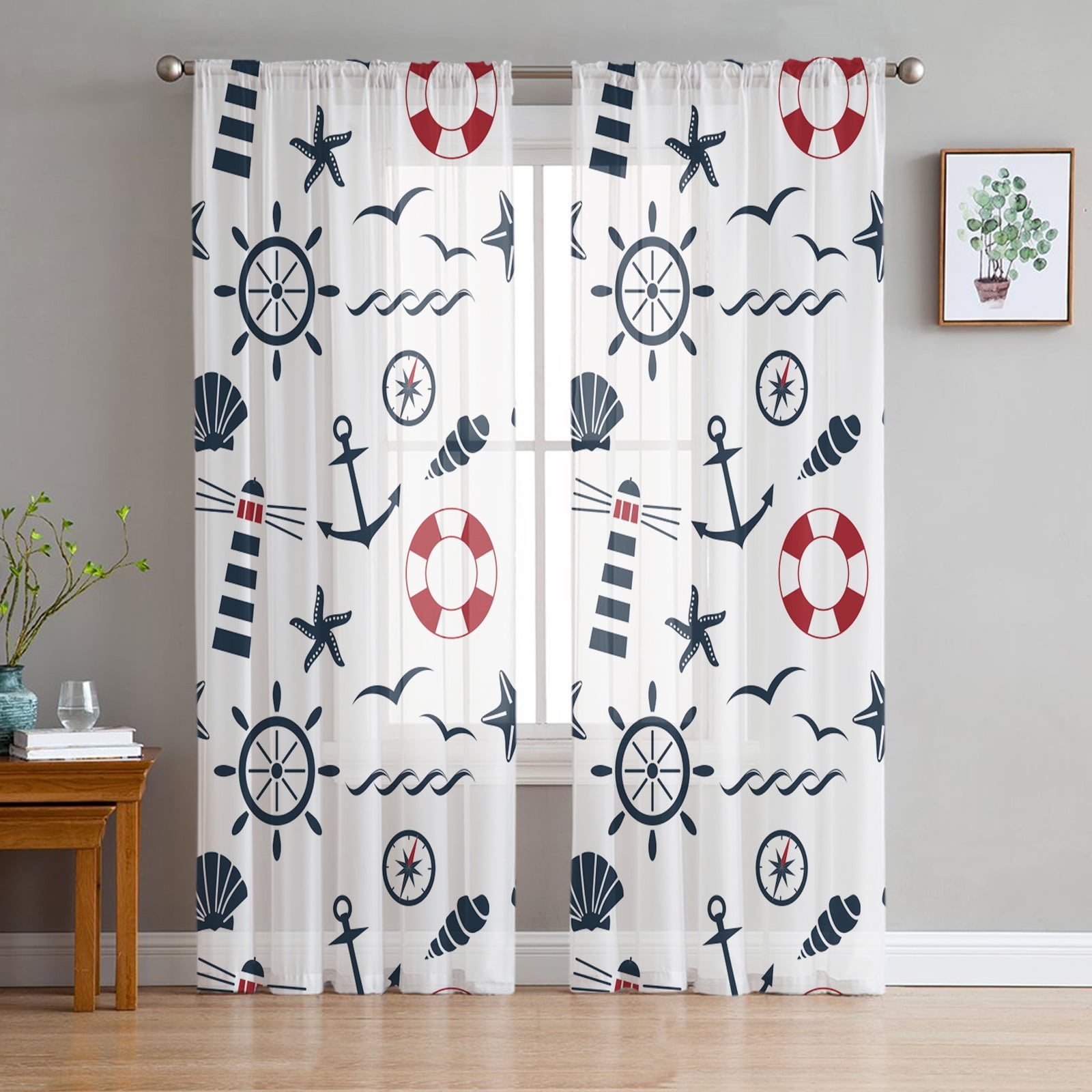 Cartoon Ocean Lighthouse Anchor Rudder Star Sheer Curtains Room ration ...