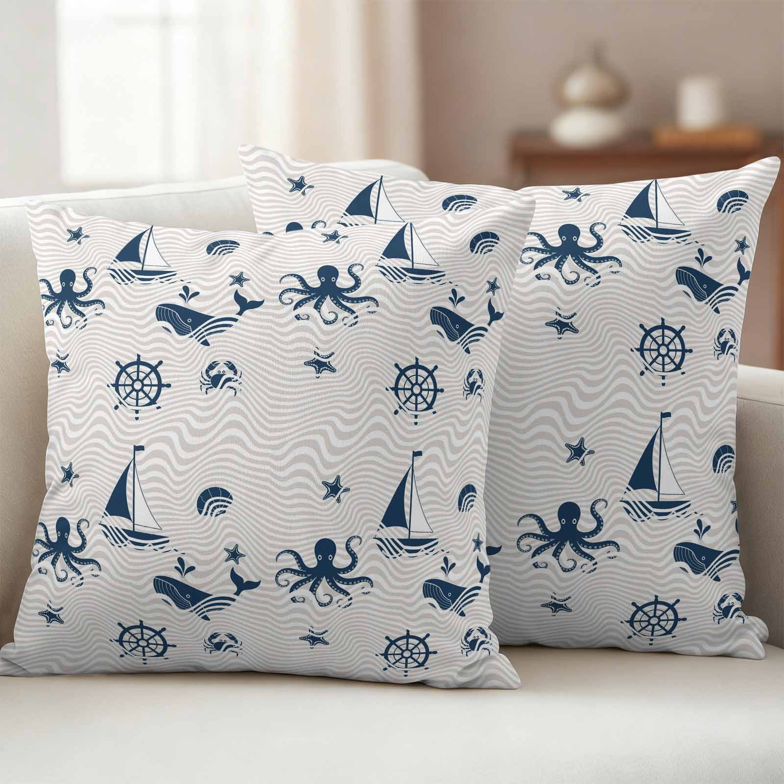Cartoon Ocean Pillow Covers 2 Pack Nautical Ship Octopus Crab Whale ...