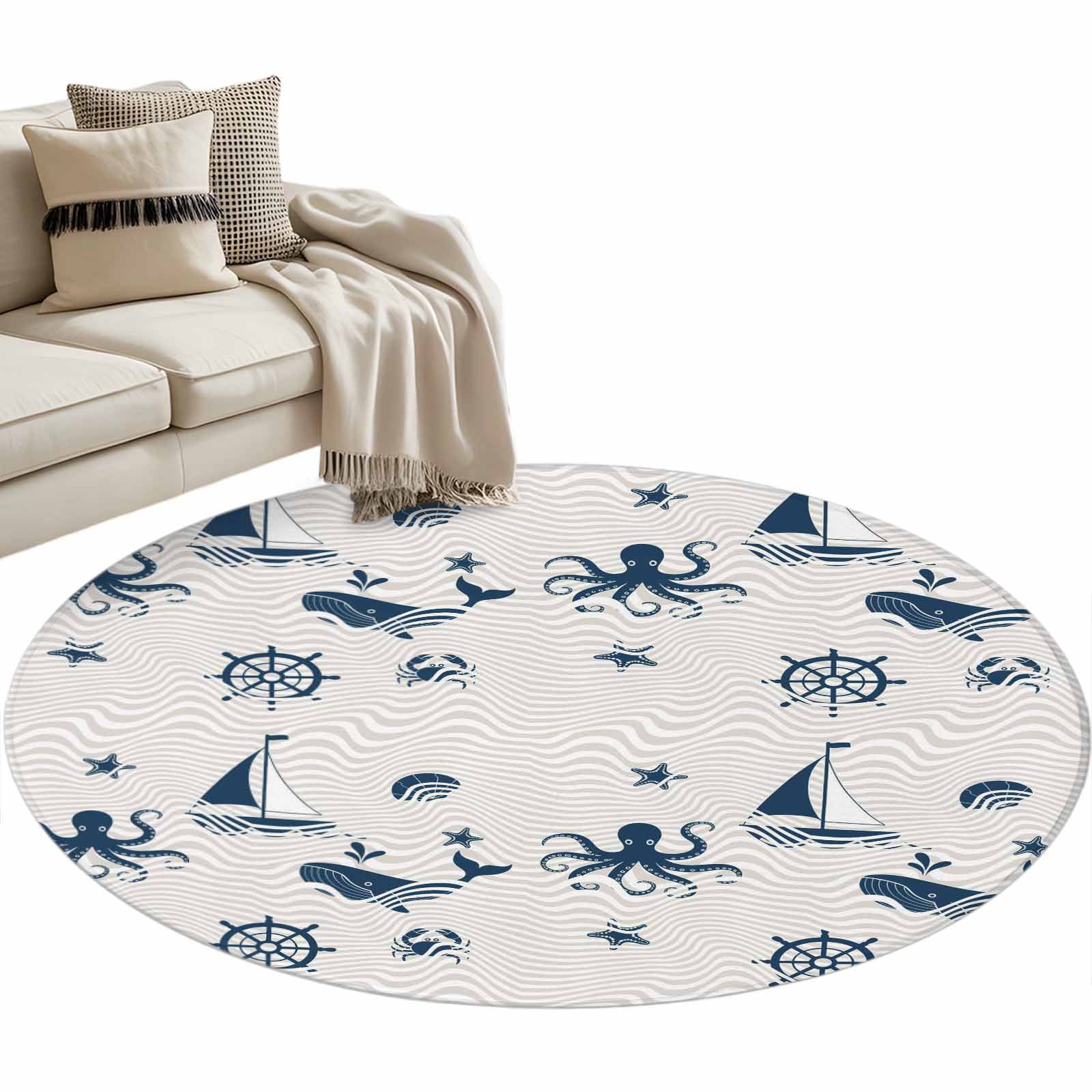 Cartoon Ocean Round Area Rug 3 ft Nautical Ship Octopus Crab Whale Wave ...