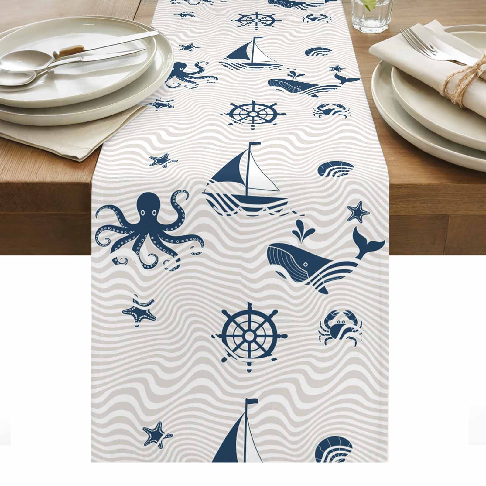 Cartoon Ocean Table Runner 14 x 72 Inch, Nautical Ship Octopus Crab ...