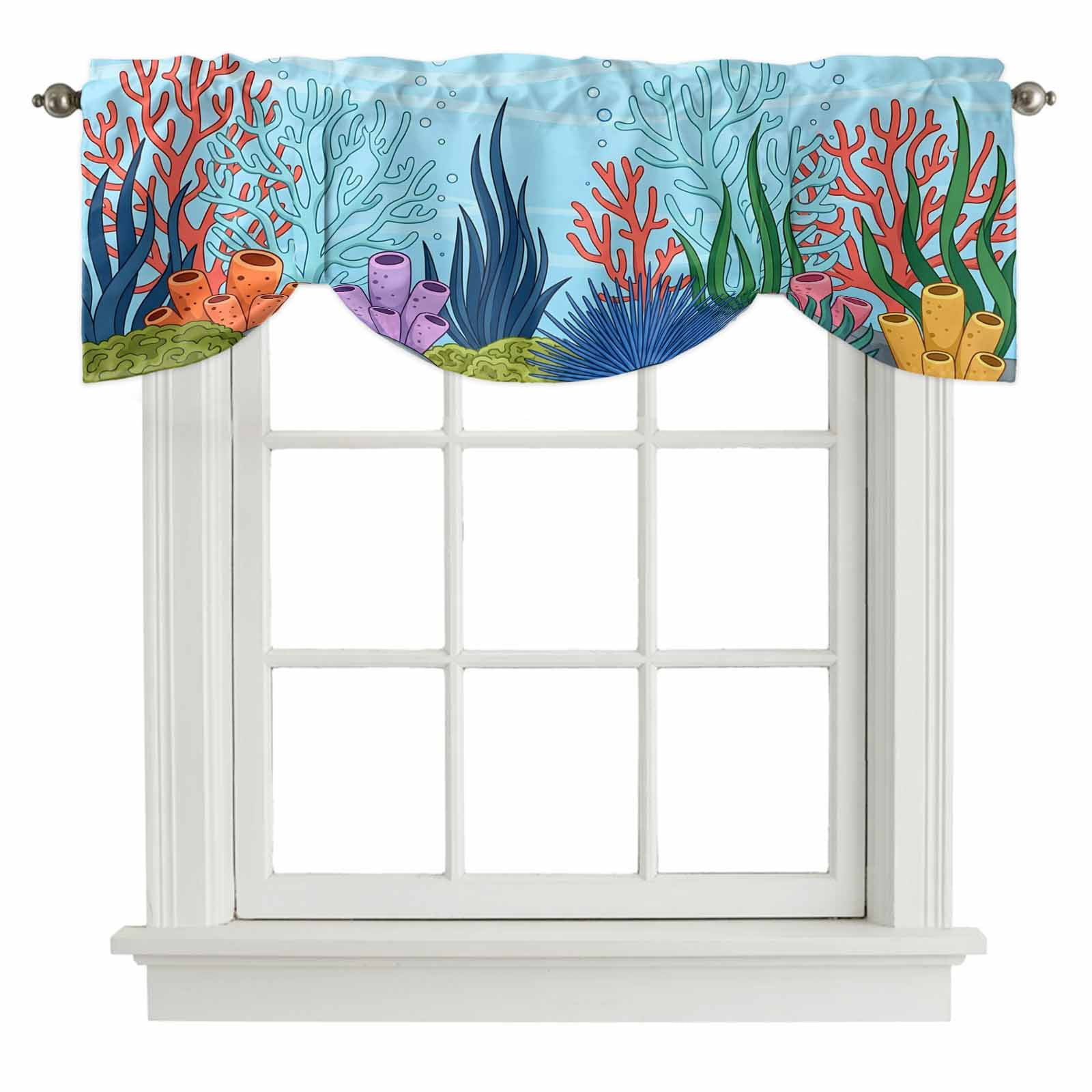 Cartoon Ocean Tie Up Valance Curtains Coral Seaweed Bubbles Stone ...