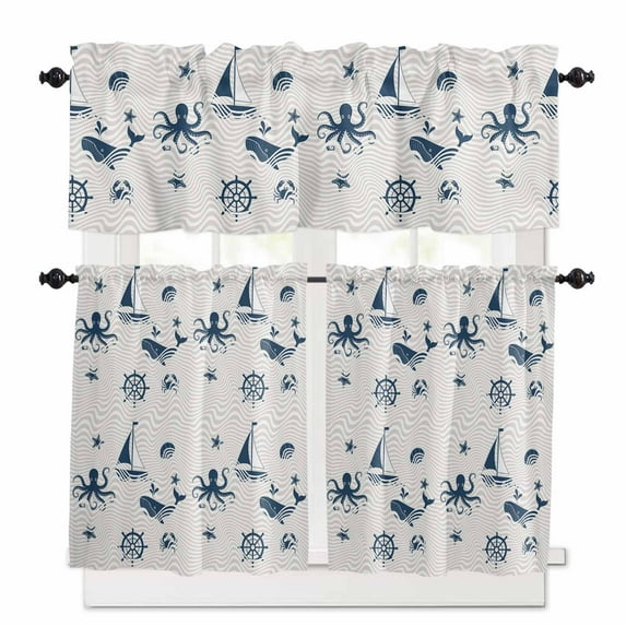 Cartoon Ocean Window Curtains Valance Set of 3 Nautical Ship Octopus ...