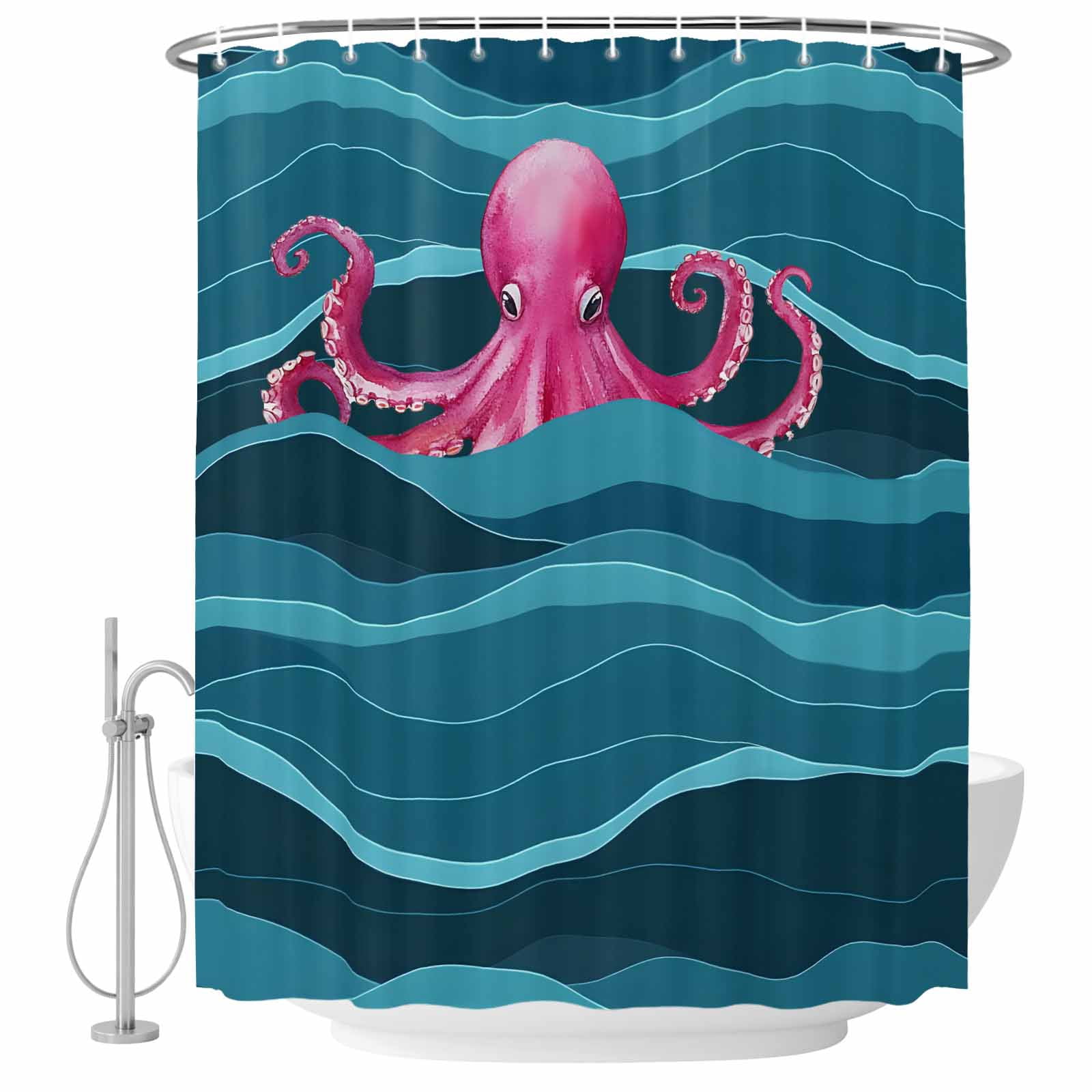 Cartoon Octopus Bathroom Shower Curtains with Hooks, Ocean Waves ...
