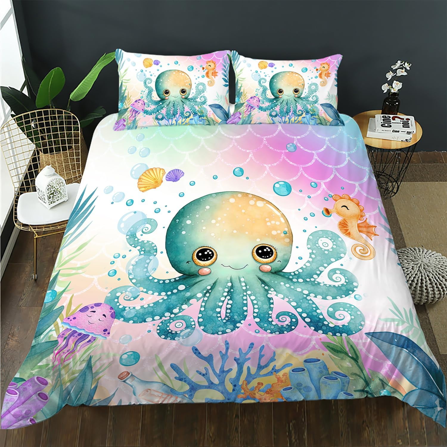 Cartoon Octopus Duvet Cover, Kawaii Ocean Life Theme Bedding Set for ...
