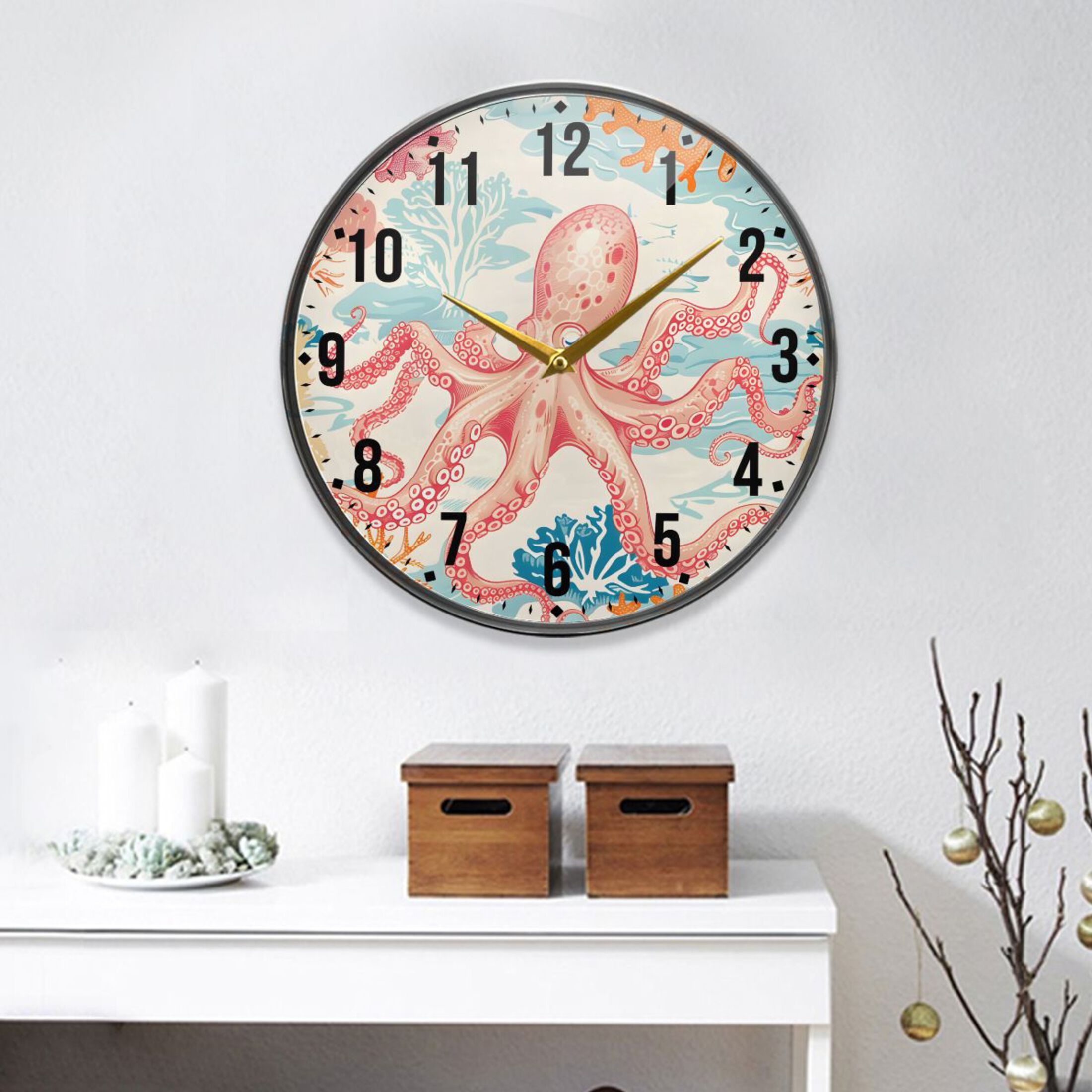 Cartoon Octopus and Coral Round Wall Clock 12 Inch Non-Ticking Silent ...