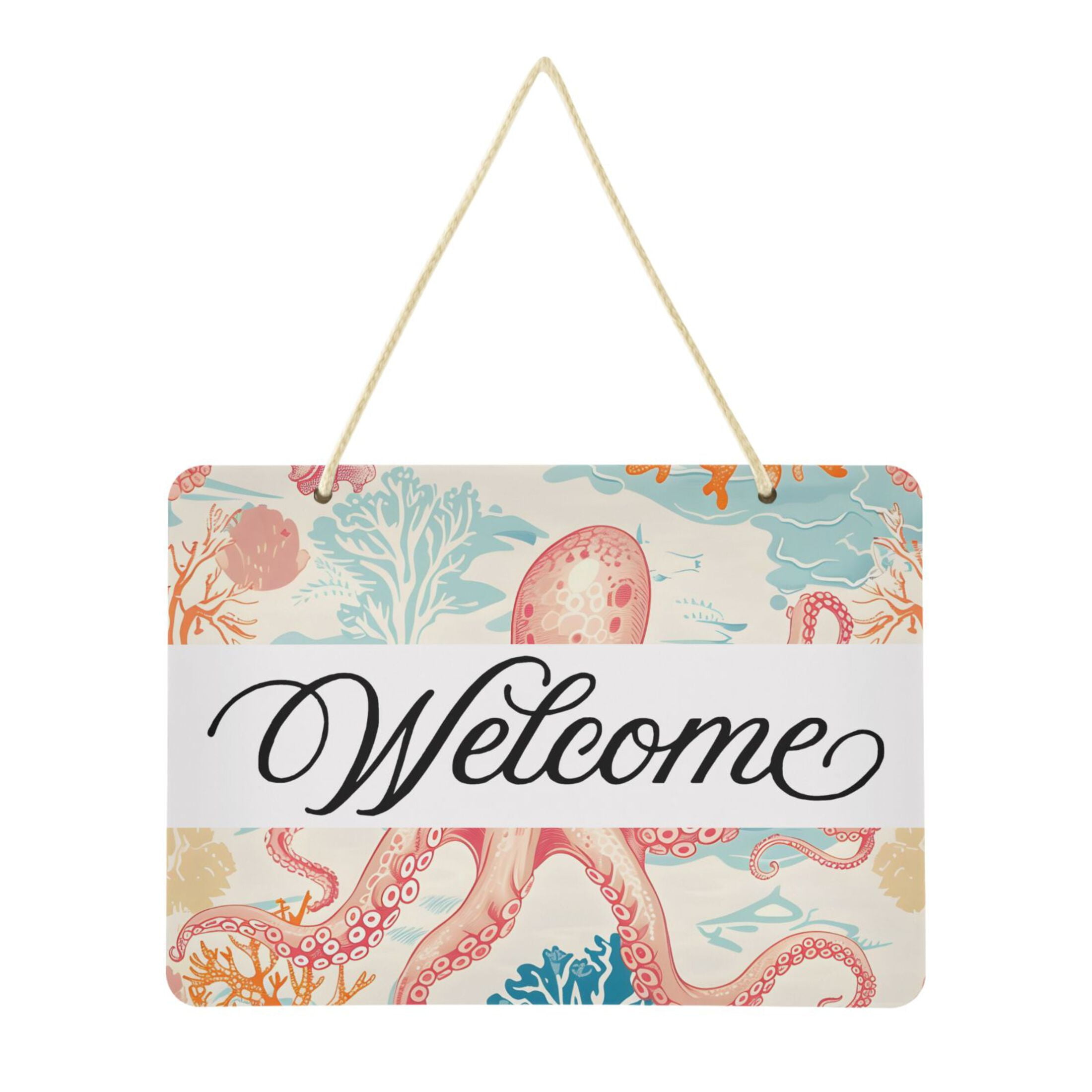 Cartoon Octopus and Coral Welcome Sign Front Door PVC 14x10 inch Hanger ...