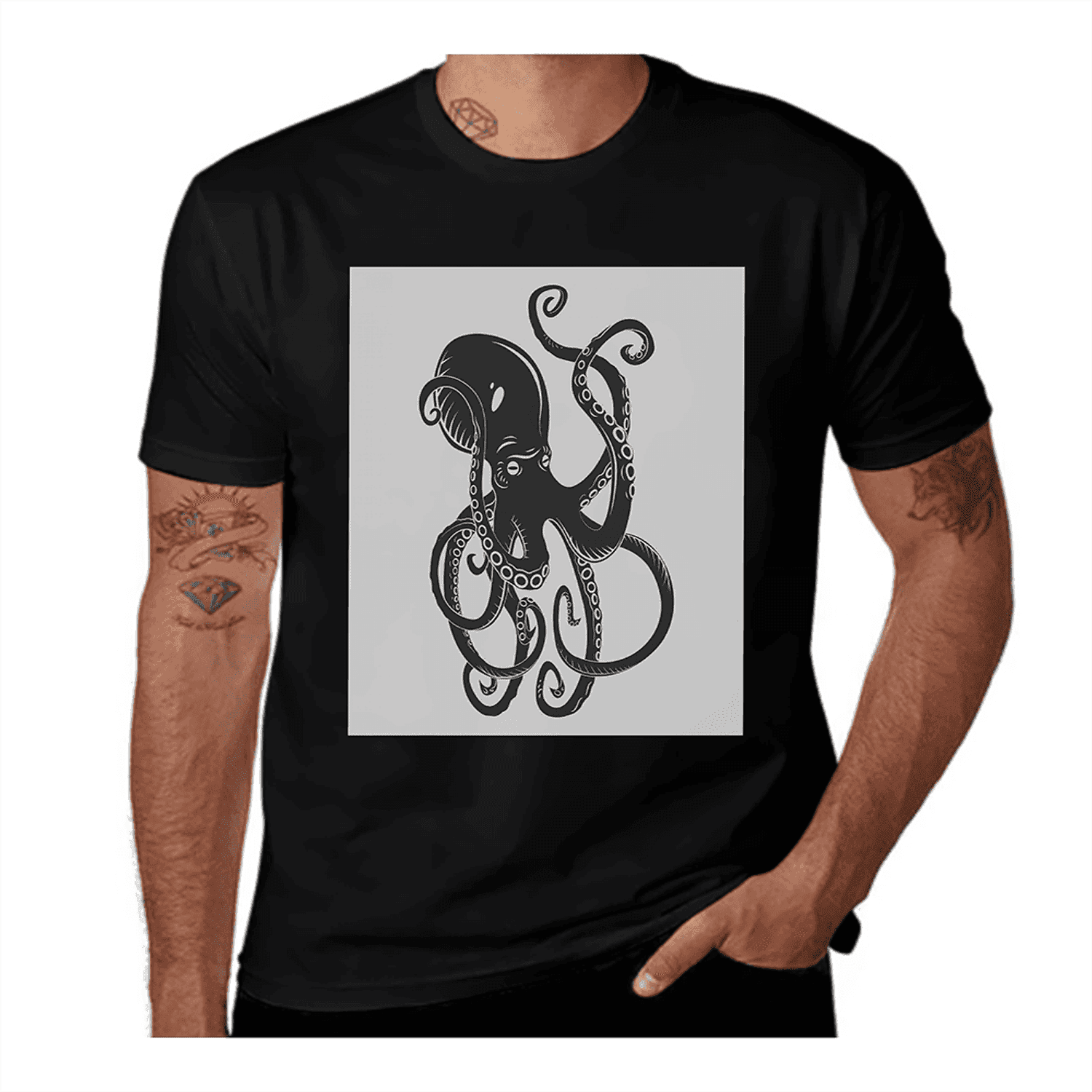 Cartoon Octopus in Sea-Octopus-Black Casual Streetwea Everyday Tshirt ...