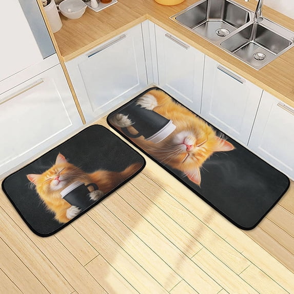 Cartoon Orange Cat Holding Cup Kitchen Mat Set of 2 Cushioned Non Slip ...