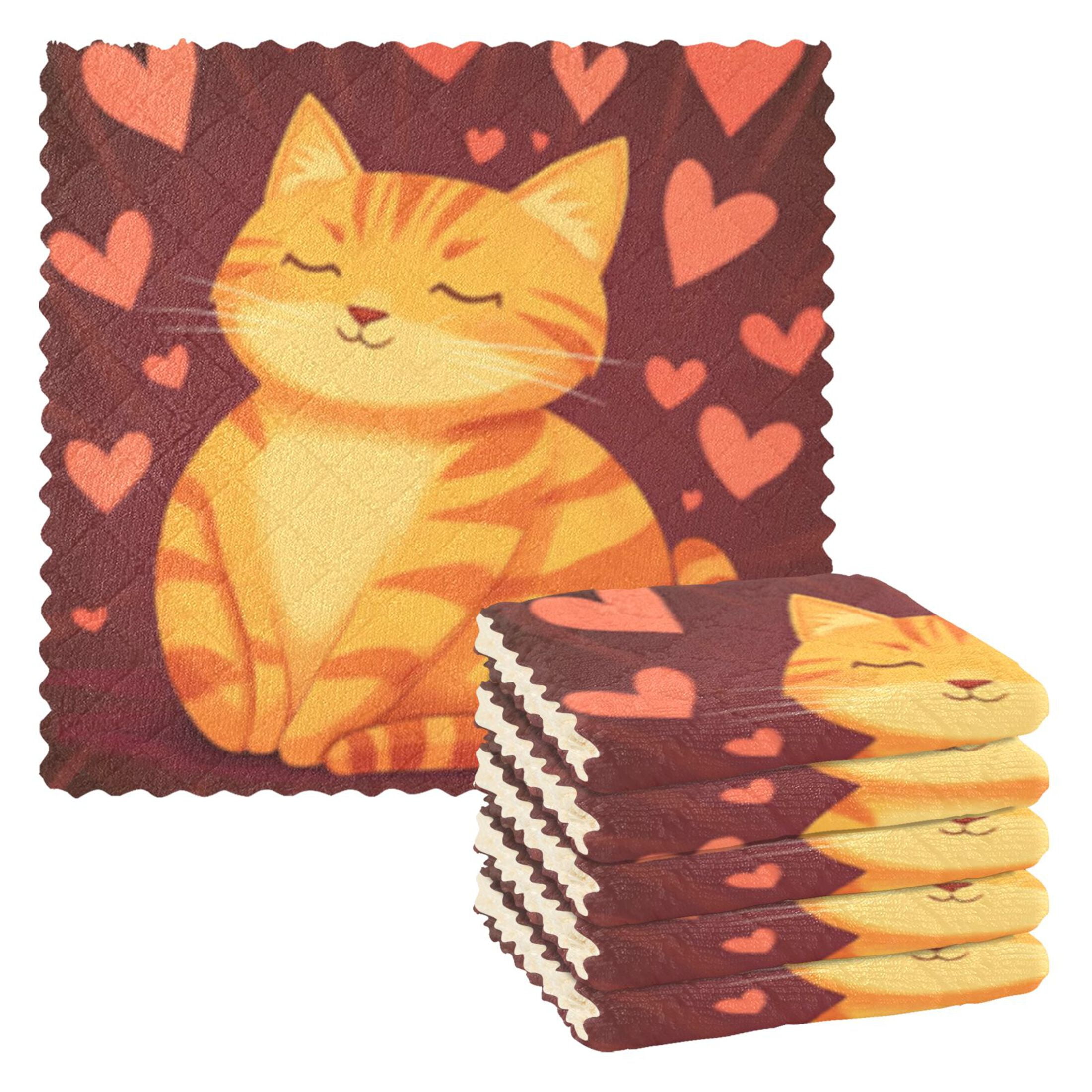 Cartoon Orange Cat Kitchen Cloth Dish Towels for Drying Washing ...