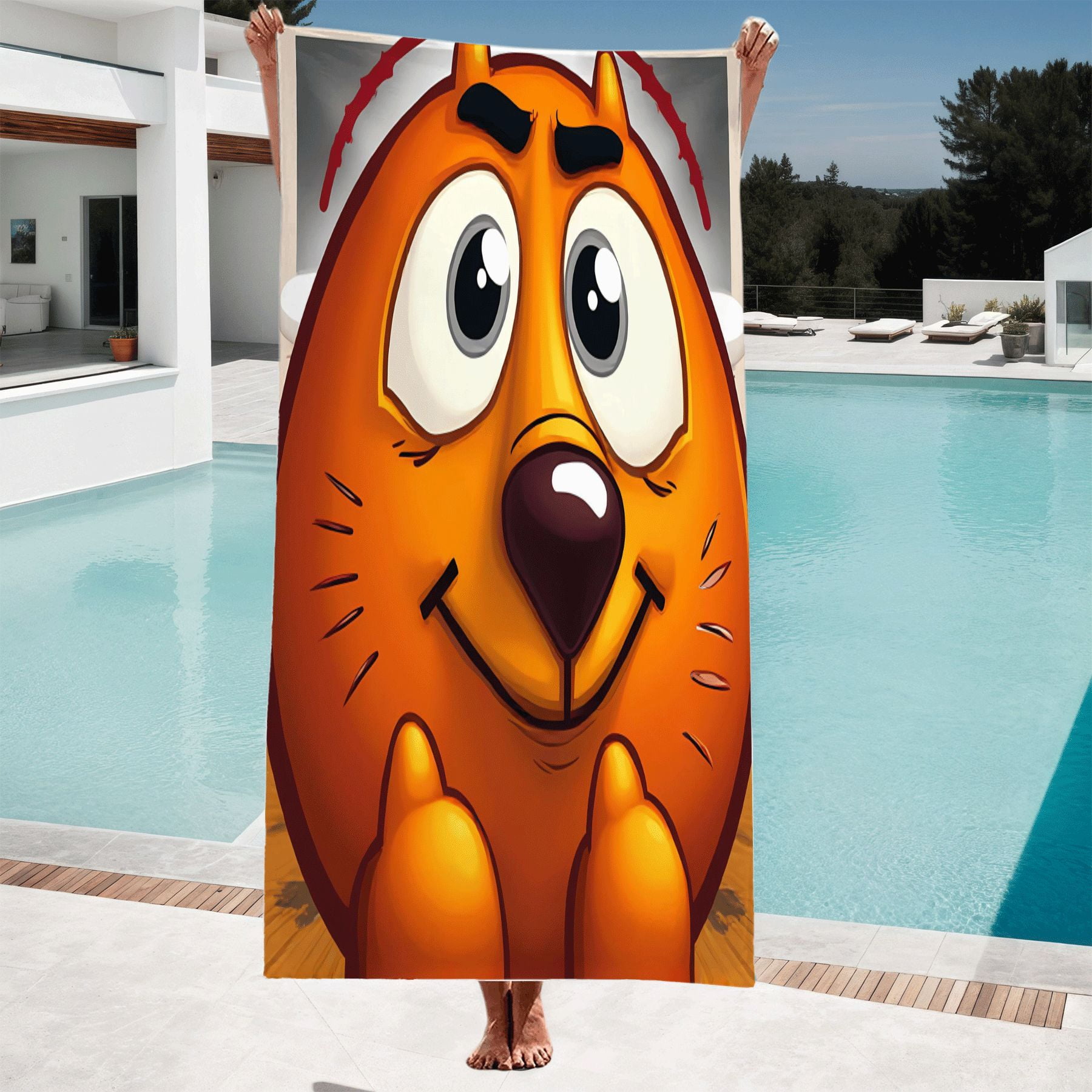 Cartoon Orange Creature Beach Towel - Fun Design with Cheerful Face ...