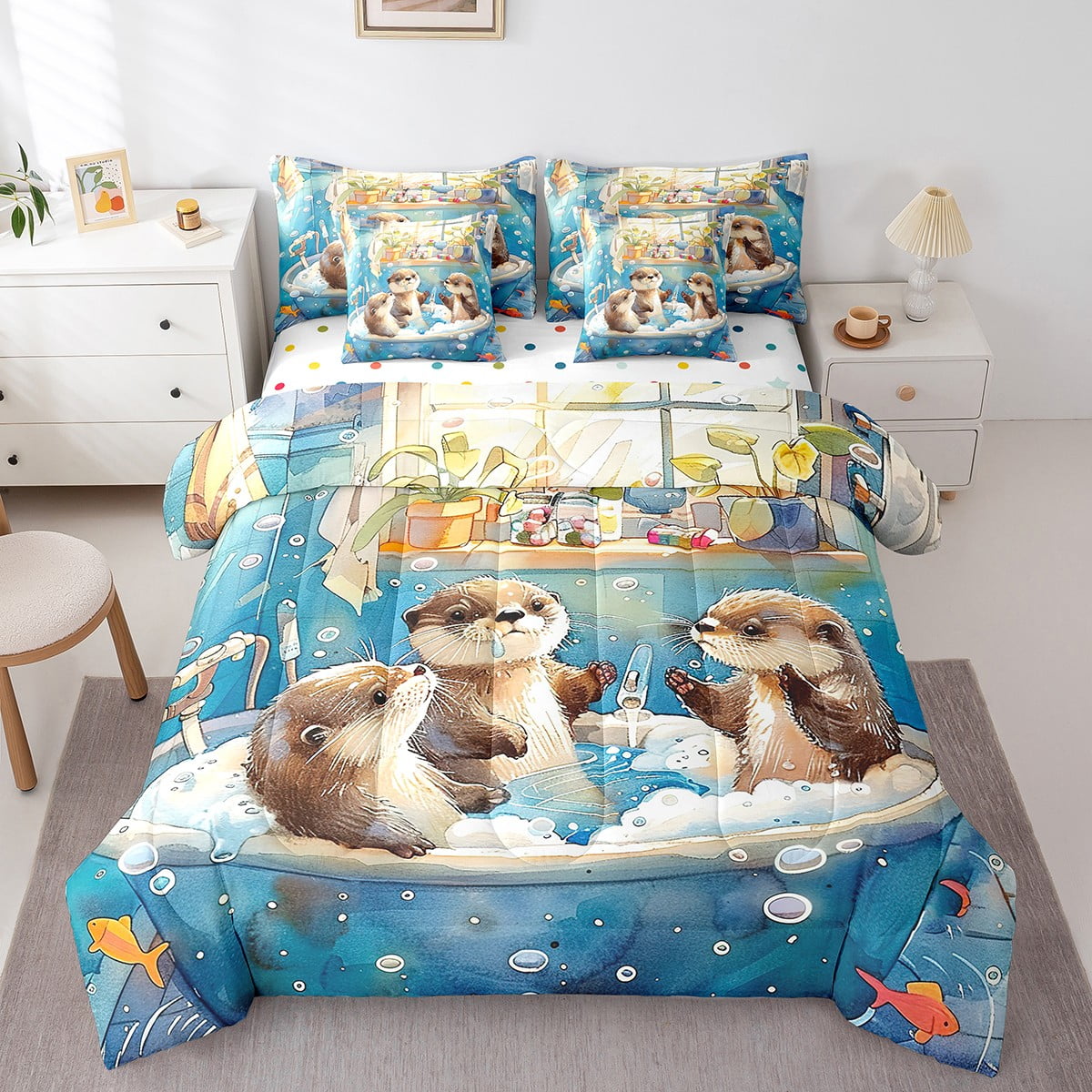 Cartoon Otter 7Pcs Comforter Set Full,Underwater Animals Bedding Set ...