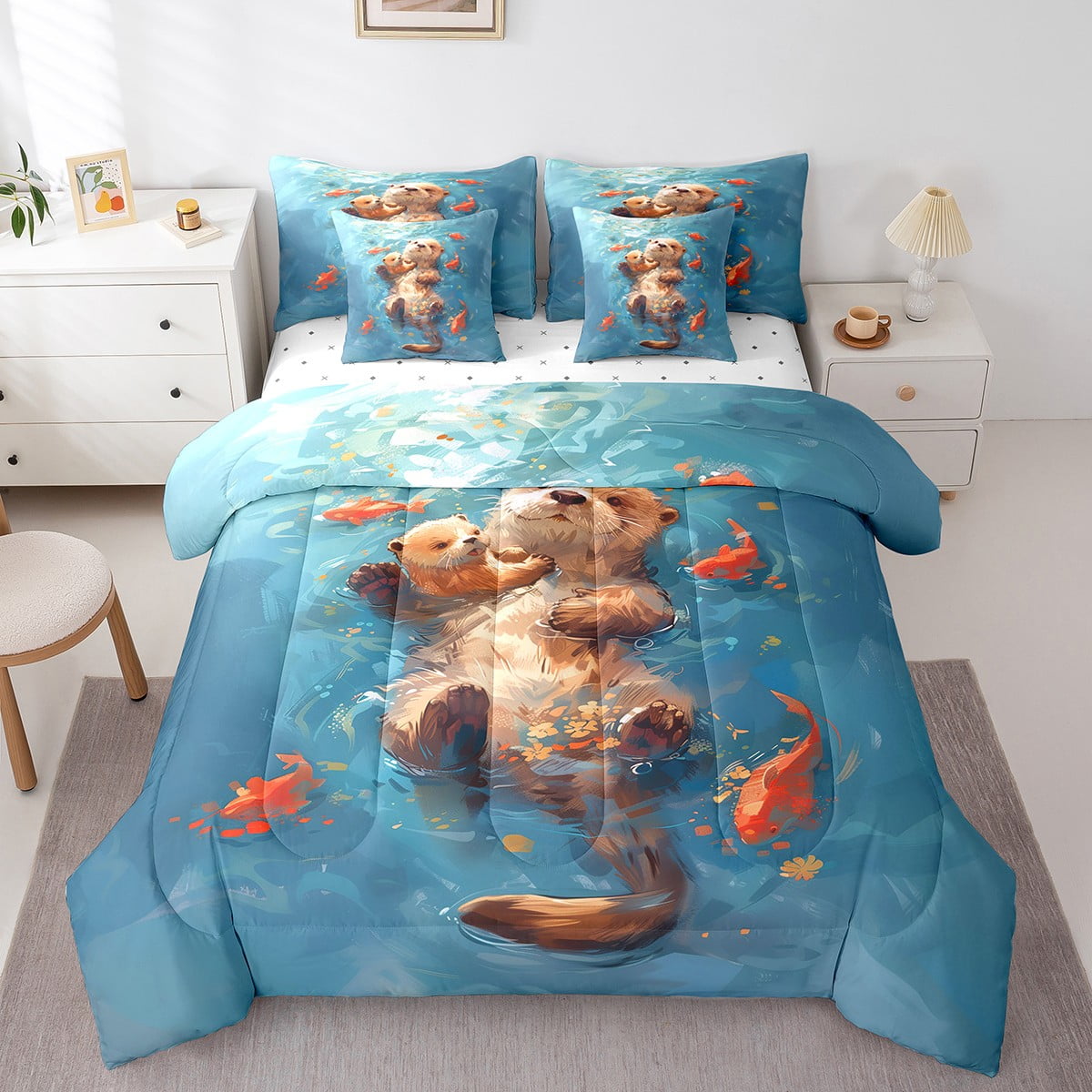 Cartoon Otter 7Pcs Comforter Set King Size,Cute Animals Bedding Set ...