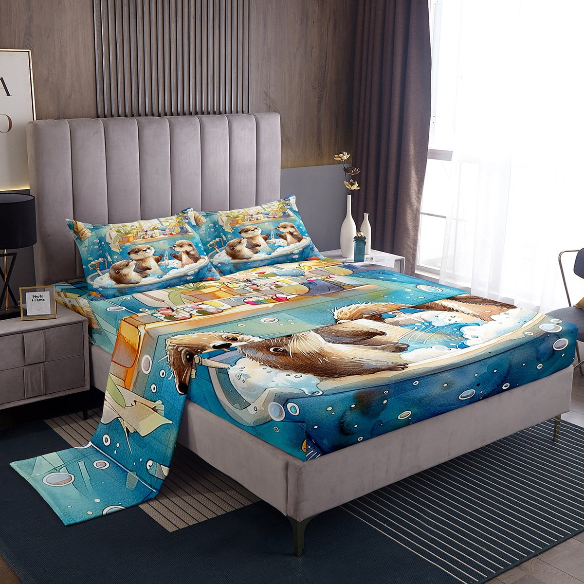 Cartoon Otter Bed Sheets Queen Size,Underwater Animals Bedding Set ...