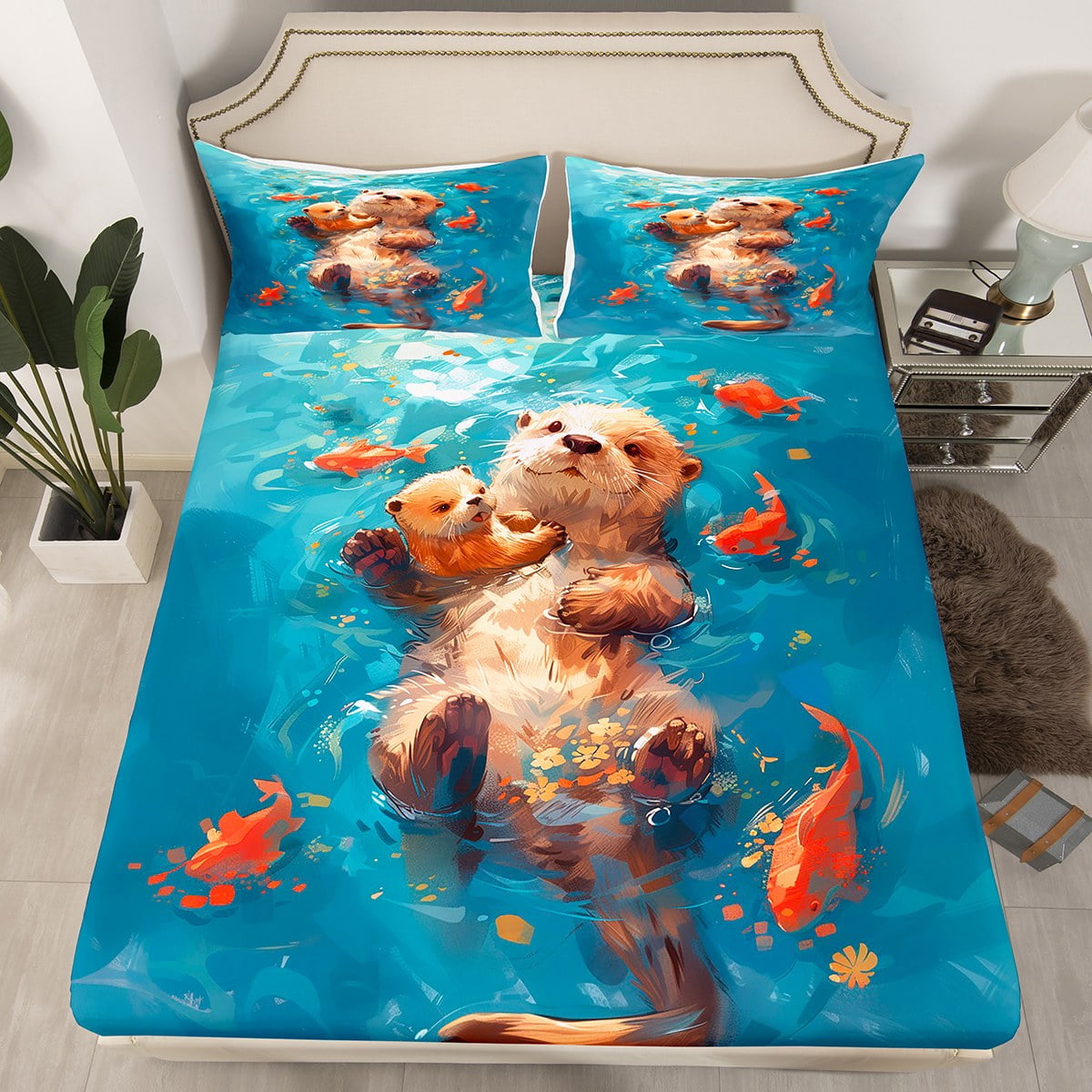 Cartoon Otter Fitted Sheet Full Size,Cute Animals Bedding Sets 3Pcs ...