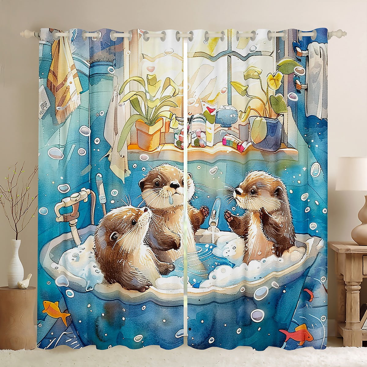 Cartoon Otter Window Curtain,Underwater Animals Curtains for Kids Girls ...