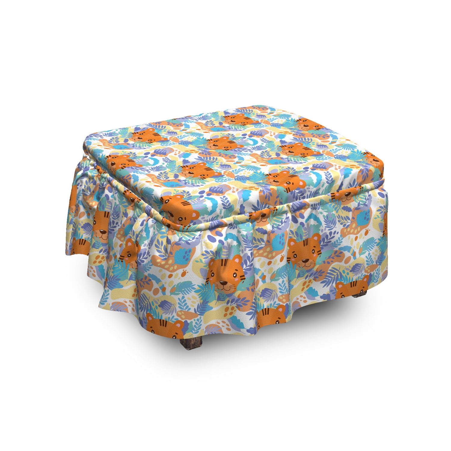 Cartoon Ottoman Cover, Tigers and Leafy Branches, 2 Piece Slipcover Set ...