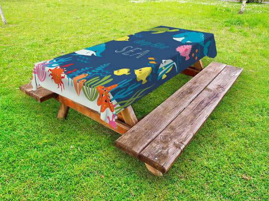 Cartoon Outdoor Tablecloth, Artsy Underwater Graphic with Algaes Coral ...