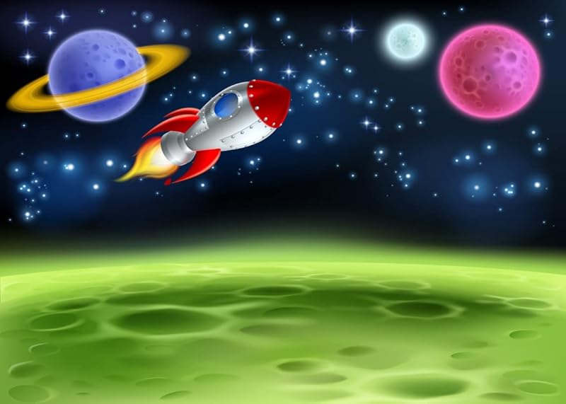 Cartoon Outer Space Backdrop Planet or Alien Moon with Rocket Ship ...