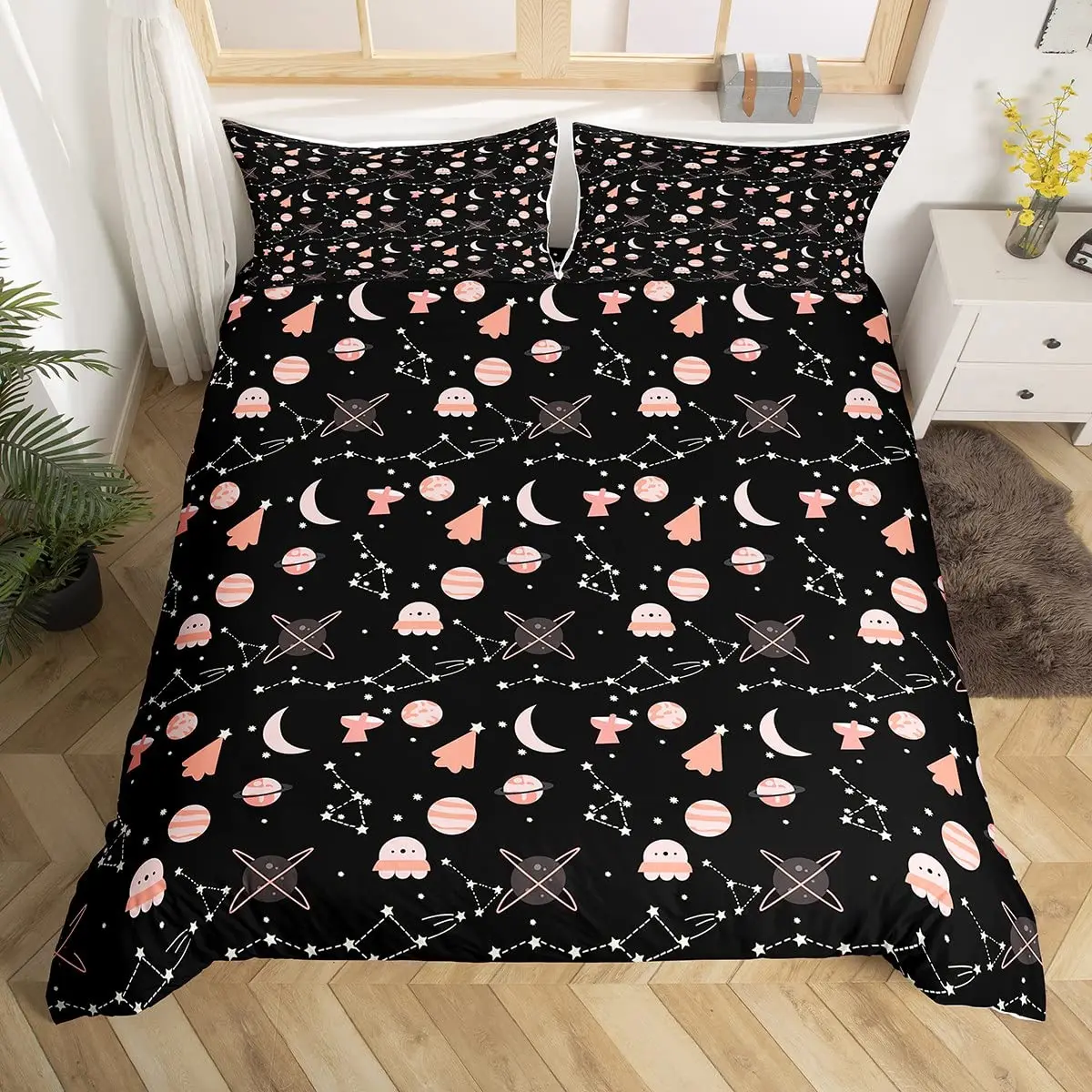 Cartoon Outer Space Duvet Cover King Galaxy Bedding Set Space Rocket ...