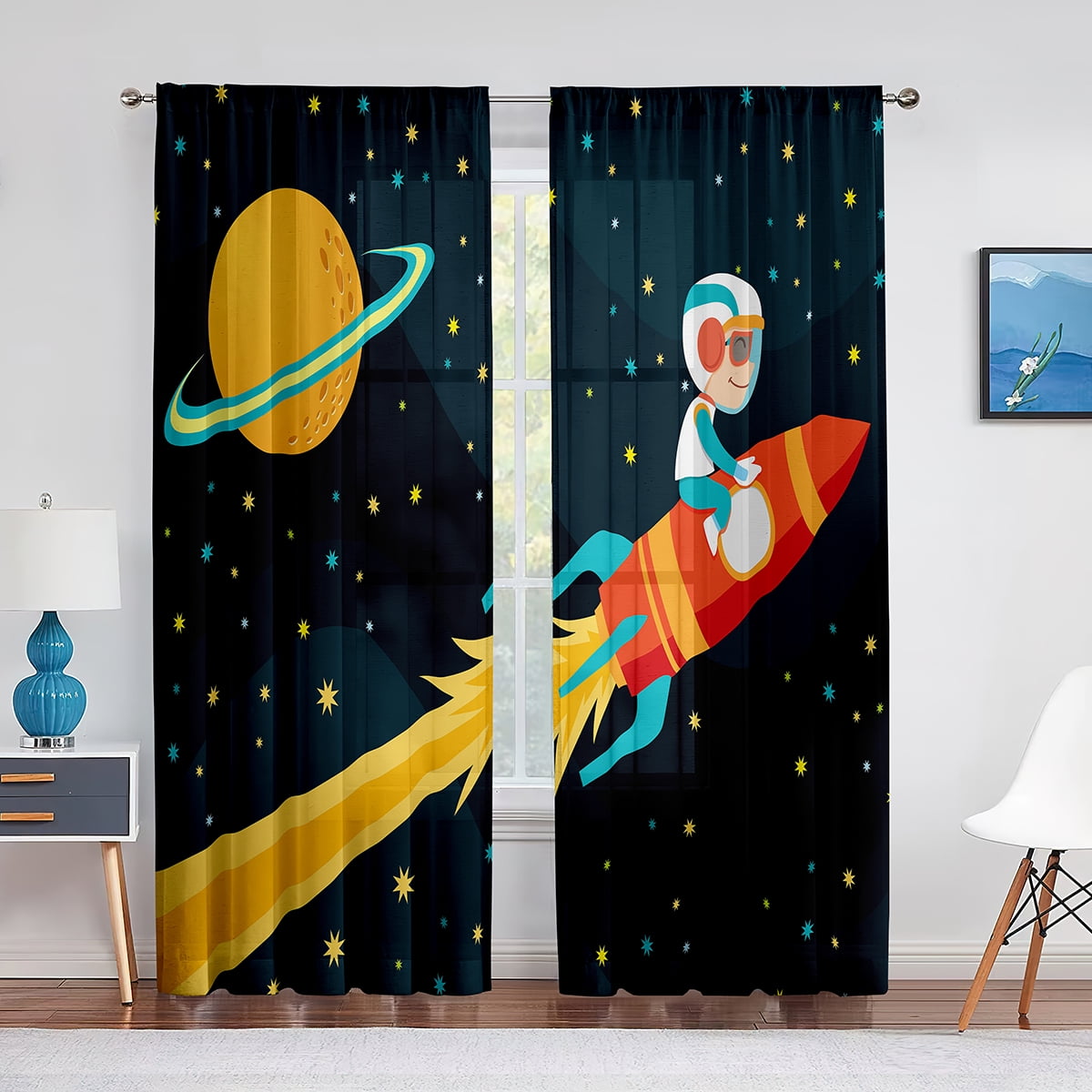 Cartoon Outer Space Rocket Planet Tulle Sheer Window Curtains for ...