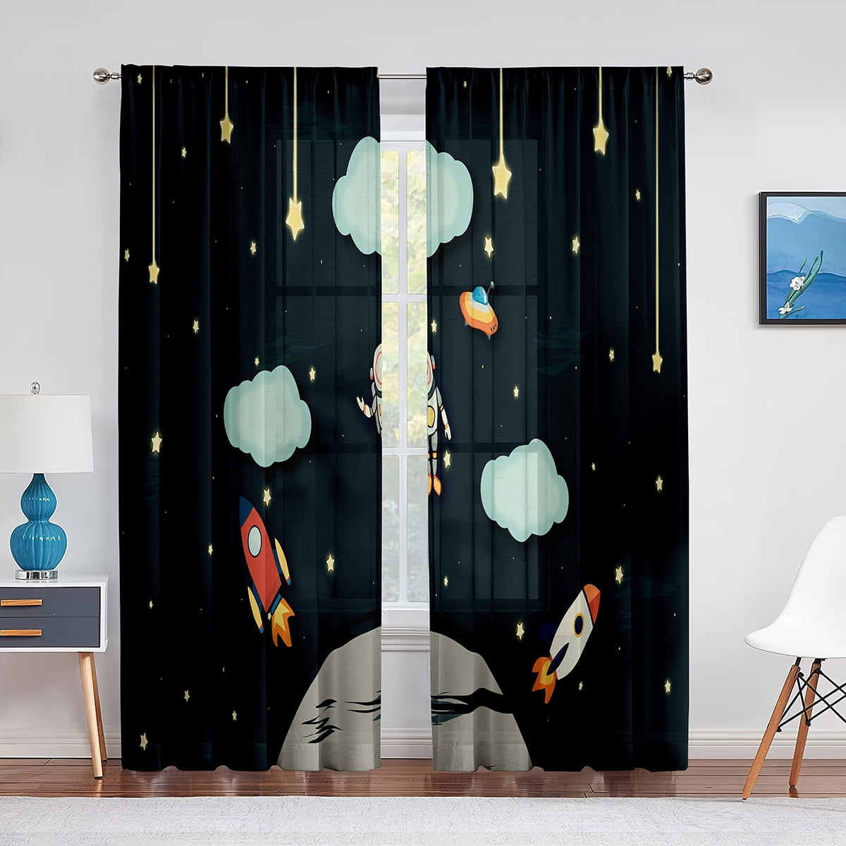 Cartoon Outer Space Rocket Planet Tulle Sheer Window Curtains for ...
