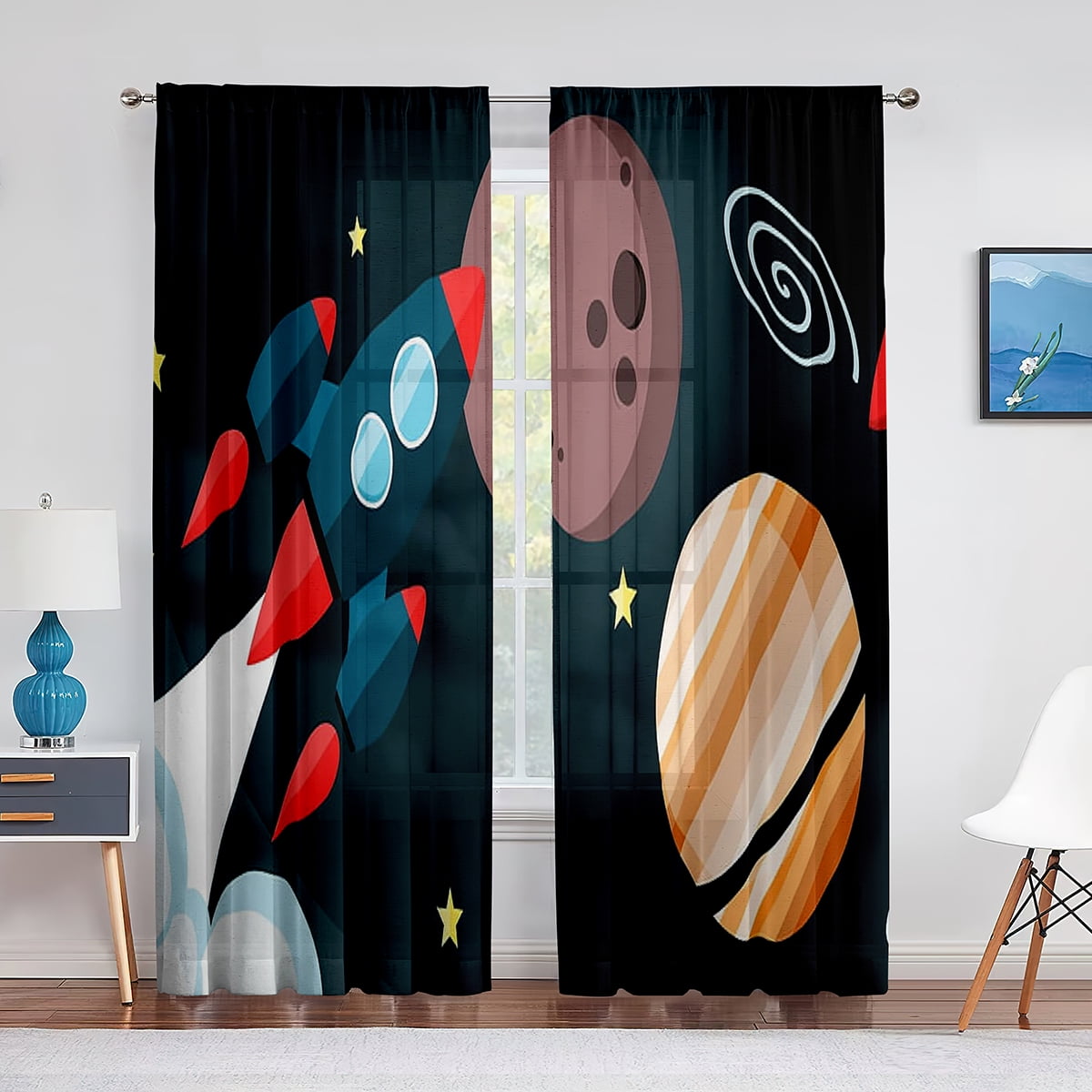 Cartoon Outer Space Rocket Planet Tulle Sheer Window Curtains for ...