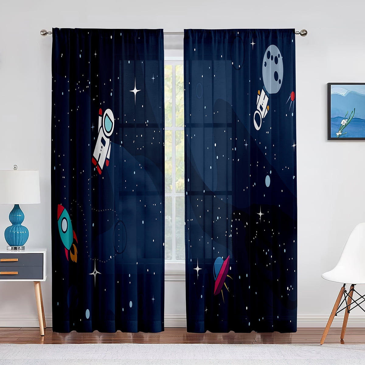 Cartoon Outer Space Rocket Planet Tulle Sheer Window Curtains for ...
