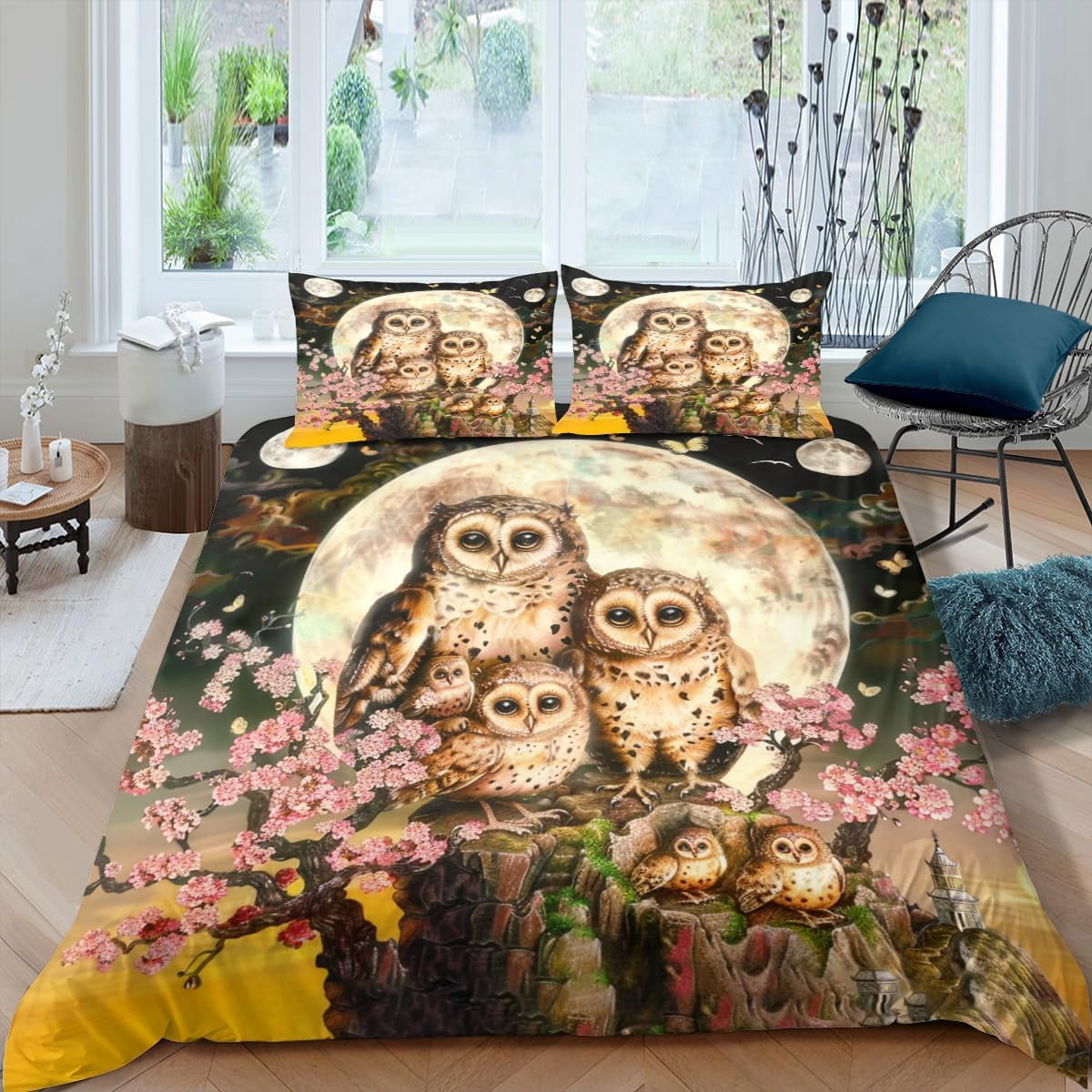 Cartoon Owl Bedding Sets Cute Brown Owl Duvet Cover Moon Pink Cherry ...