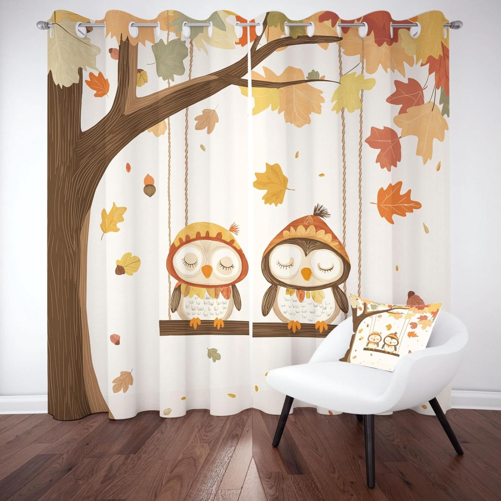 Cartoon Owl Grommet Curtains, Autumn Woodland Animal Blackout Curtain ...